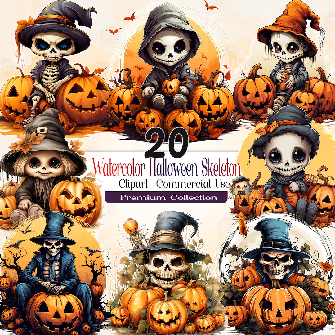 Halloween Skeleton Clipart Spooky Pumpkin Clipart Bundle, Watercolor ...