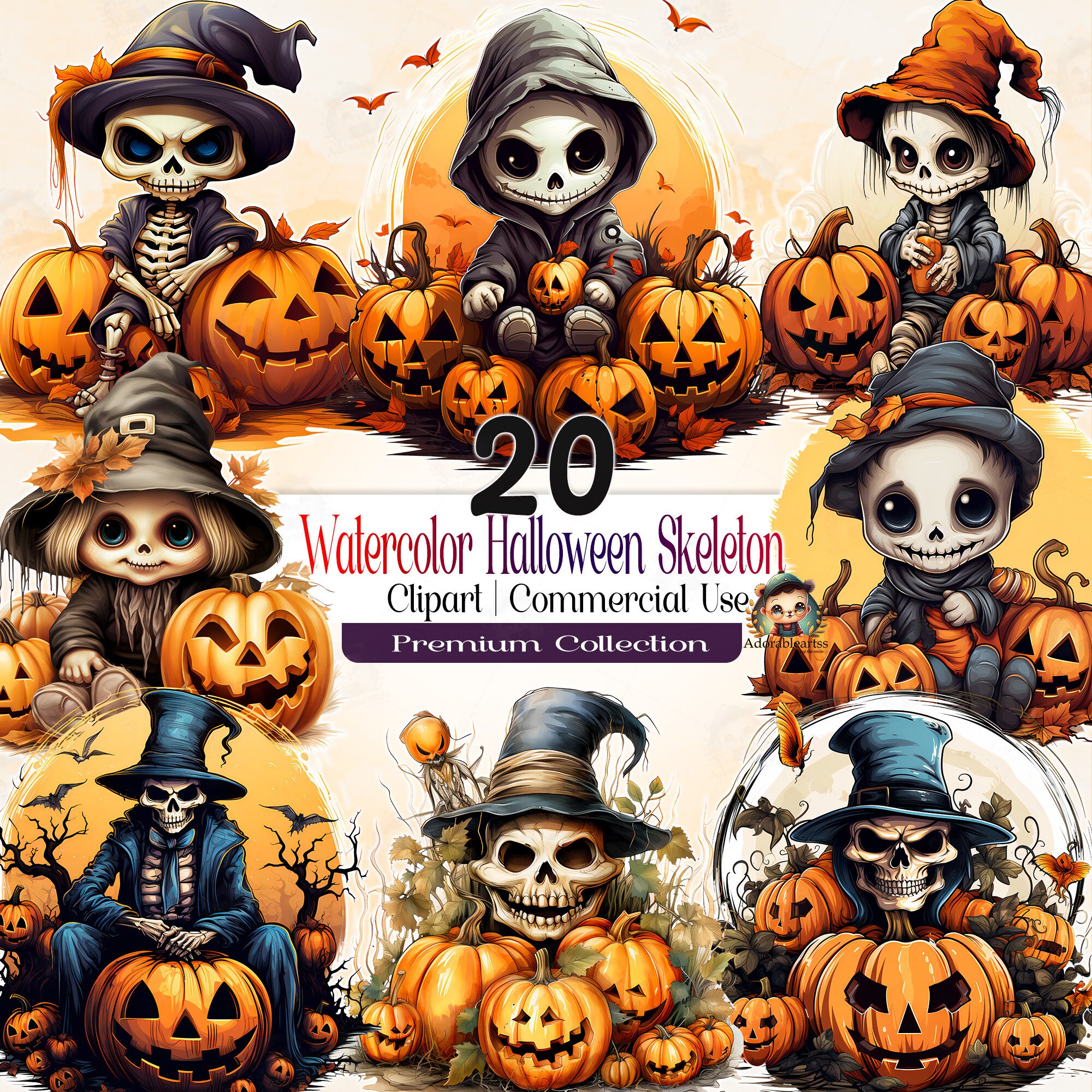 Halloween Skeleton Clipart Spooky Pumpkin Clipart Bundle, Watercolor ...