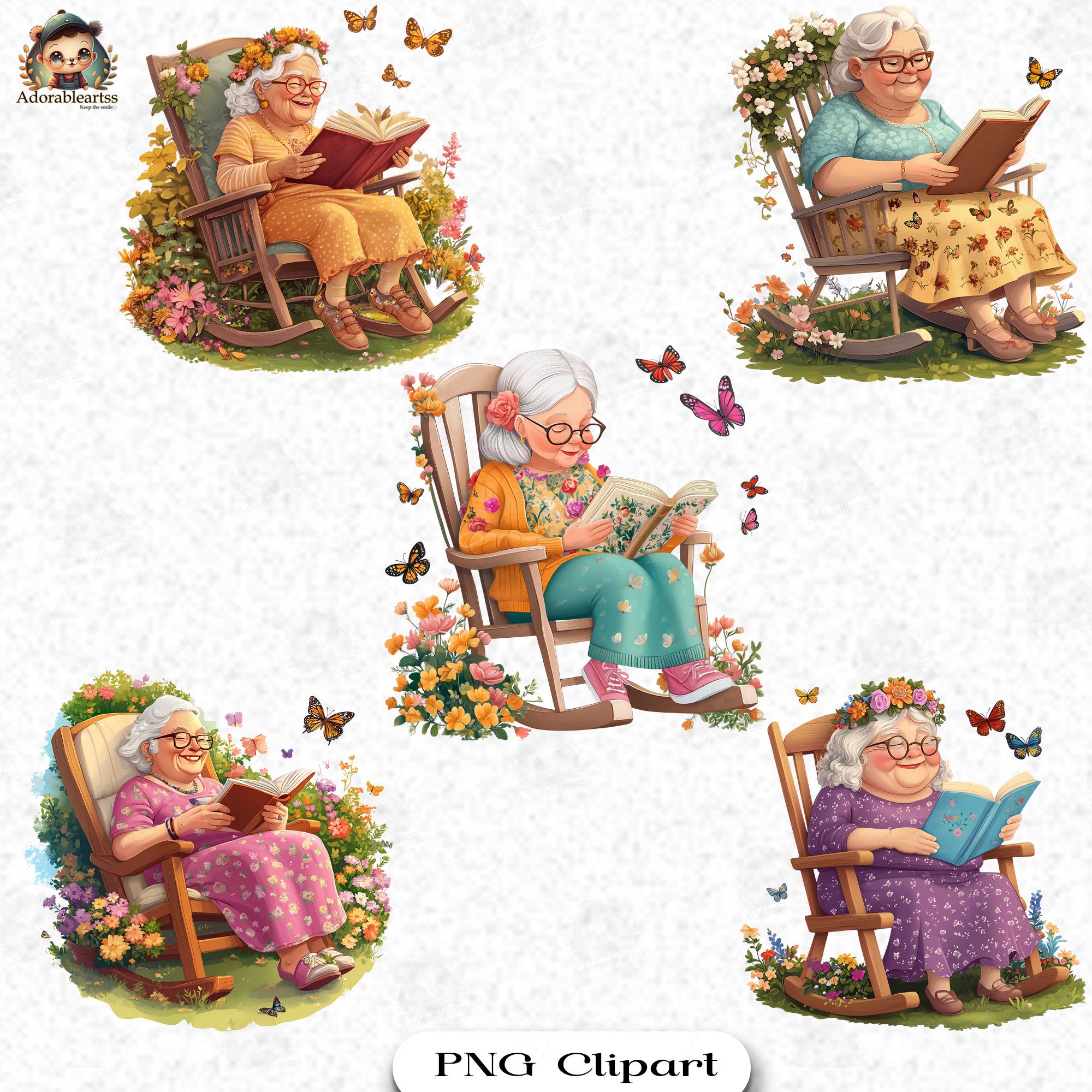 Grandma Reading Clipart: Garden Rocking Chair PNG Images (digital ...