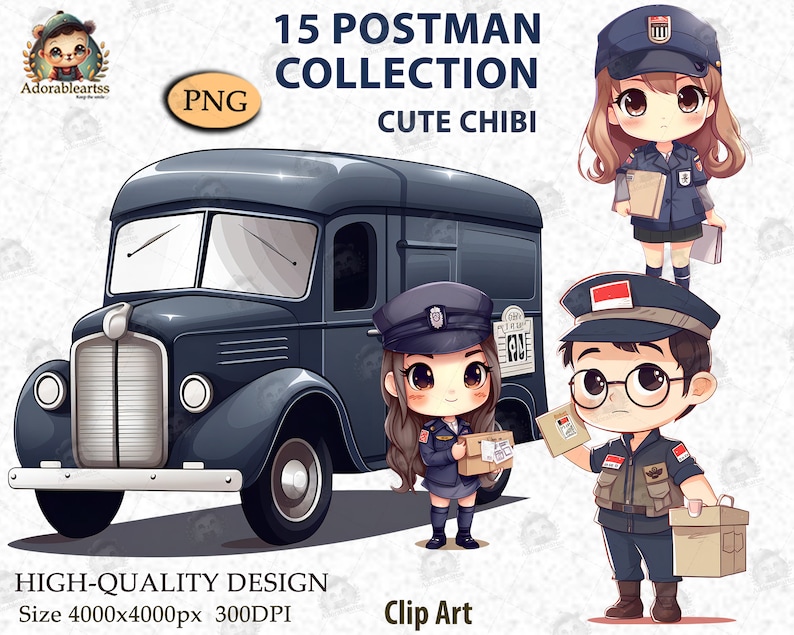 Postman Chibi Clipart: Postal Van, Boy & Girl PNG (digital Download) - Etsy