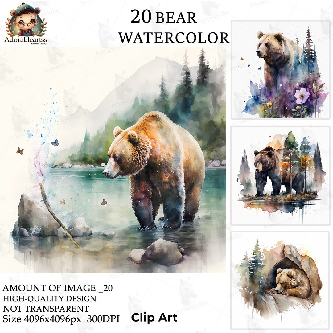 Bear Watercolor Clipart, Nursery Book Art, Paper Craft, 20 High Quality ...