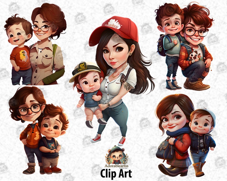 Mother and Kids Cute Chibi Clipart Mother and Daughter Cute - Etsy