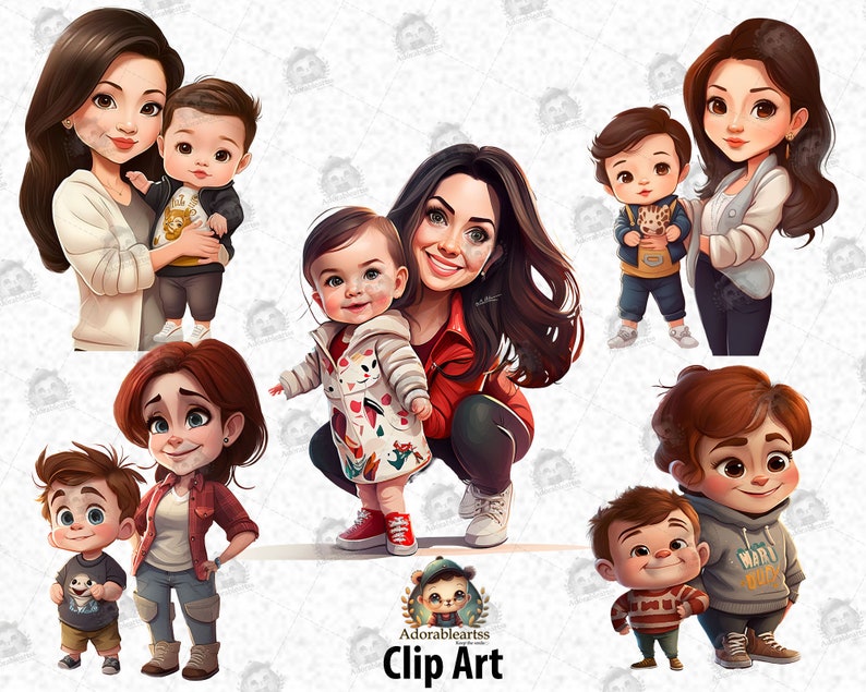 Mother and Kids Cute Chibi Clipart Mother and Daughter Cute - Etsy