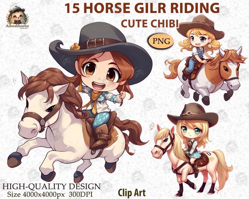 Horse Riding Girl, Chibi Clipart, Nursery Art, Decor Wall, Chibi Cute ...