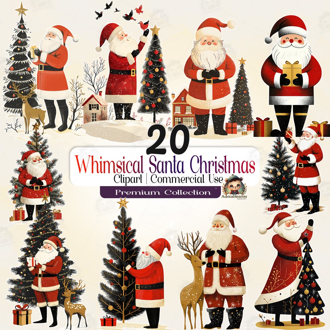 Whimsical Santa Clipart 20 PNG/JPG, Jolly Santa Graphics for Christmas ...