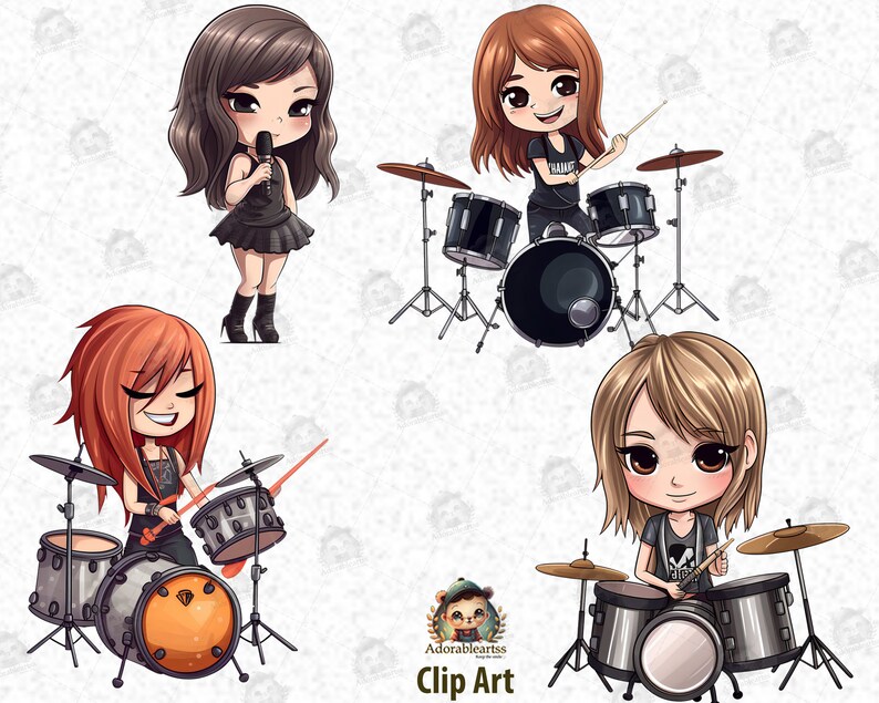 Cute Chibi Musician Clipart, Girl Musician Illustration, Drummer Girl ...