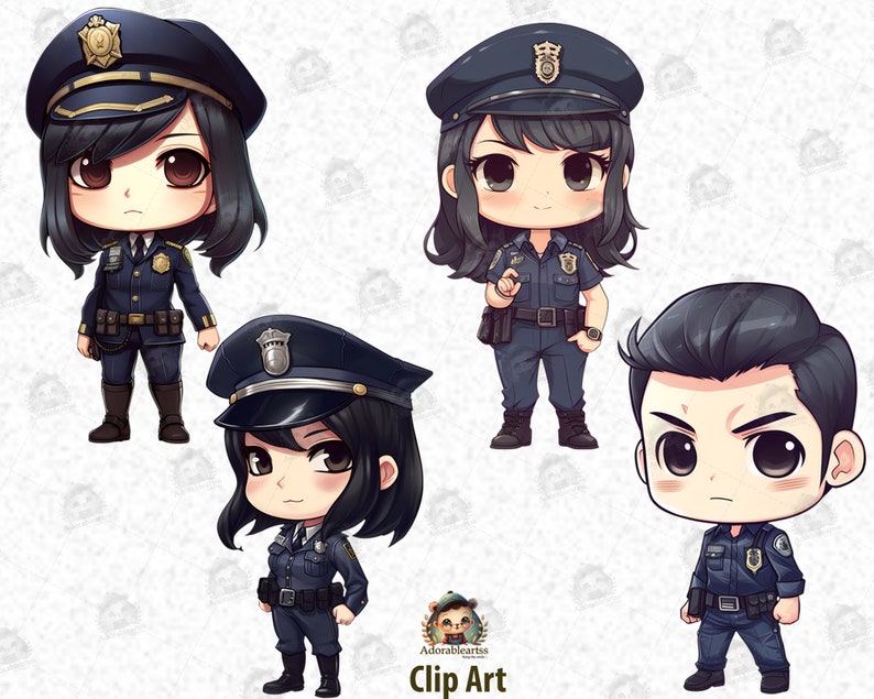 Cute Police Girl and Boy Officer Chibi Clipart PNG, Car, Helicopter ...
