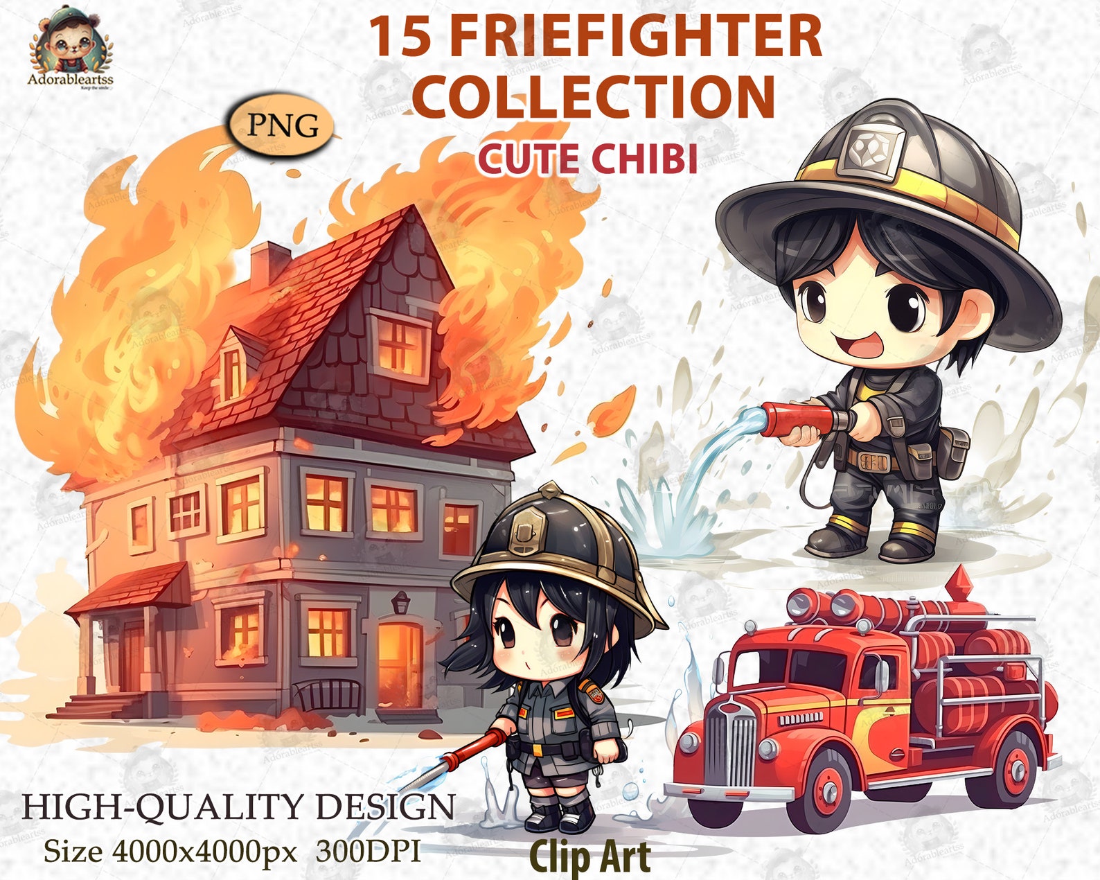 Cute Firefighter Girl and Boy Chibi Clipar Png Fire Building Personal ...