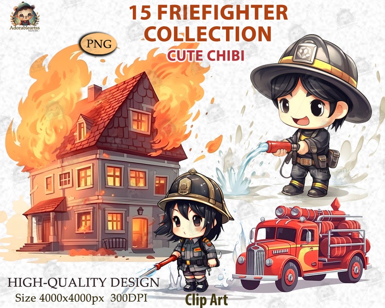 Cute Firefighter Girl and Boy Chibi Clipar Png Fire Building Personal ...