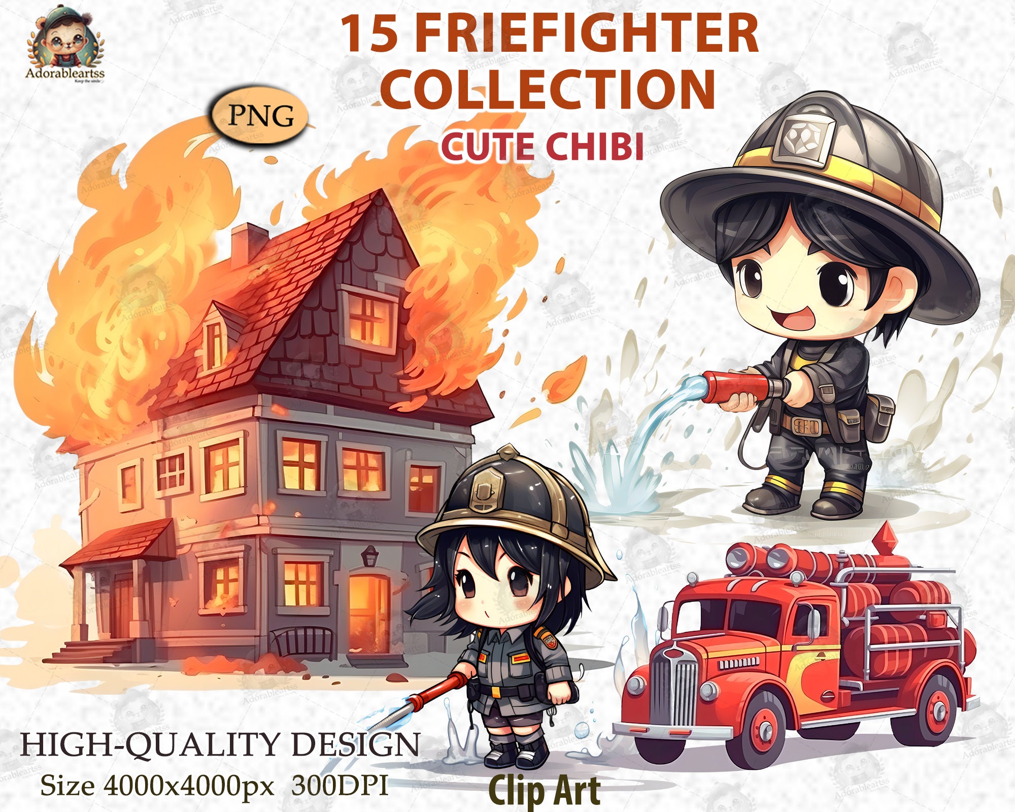 Cute Firefighter Girl and Boy Chibi Clipar Png Fire Building Personal ...