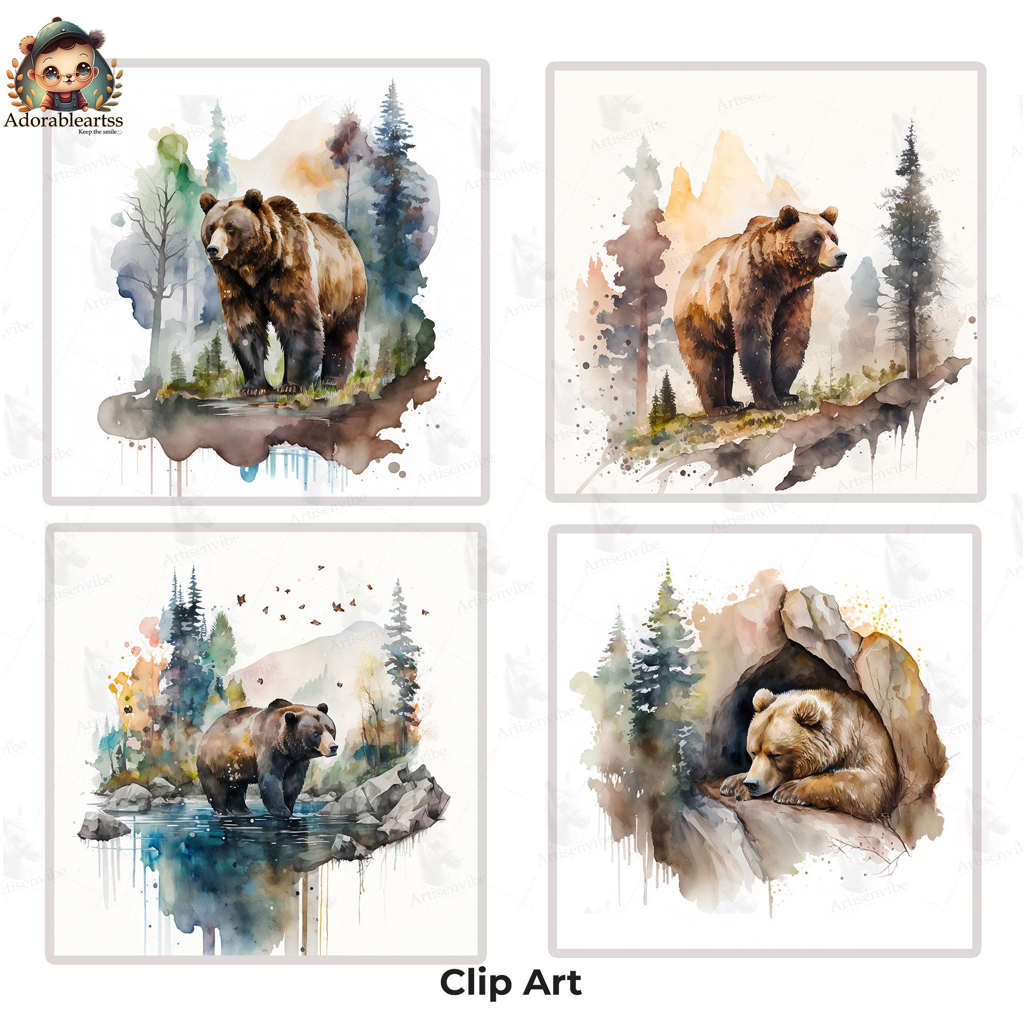 Bear Watercolor Clipart, Nursery Book Art, Paper Craft, 20 High Quality ...