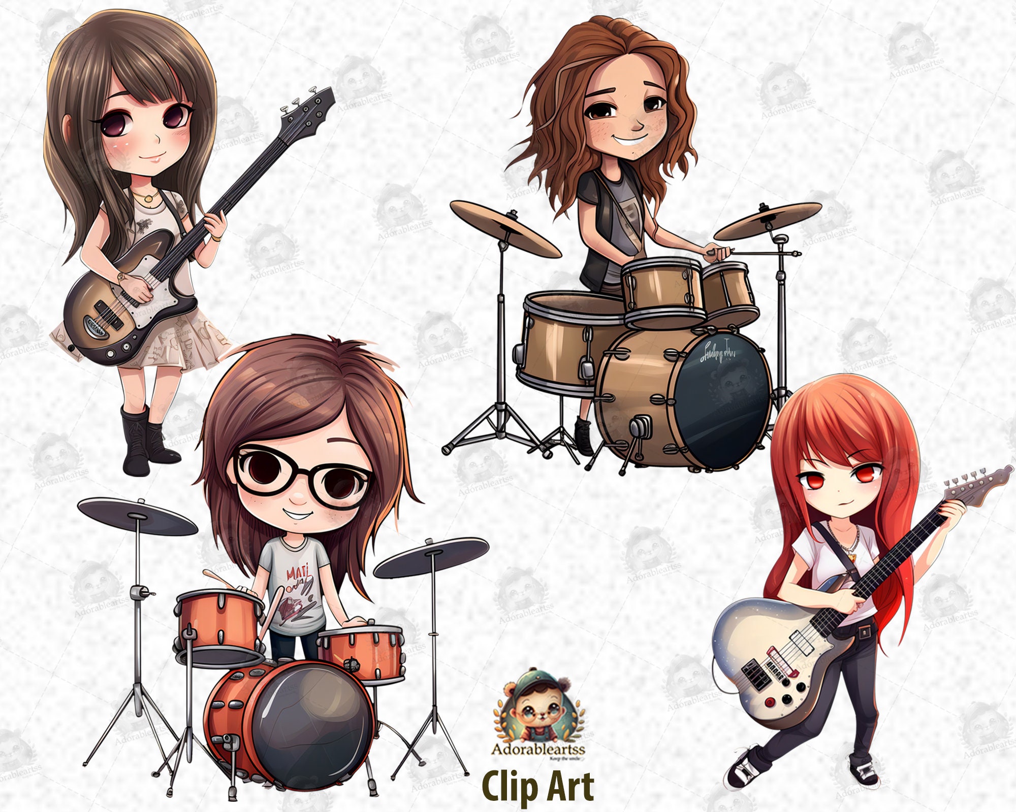 Cute Chibi Musician Clipart, Girl Musician Illustration, Drummer Girl ...