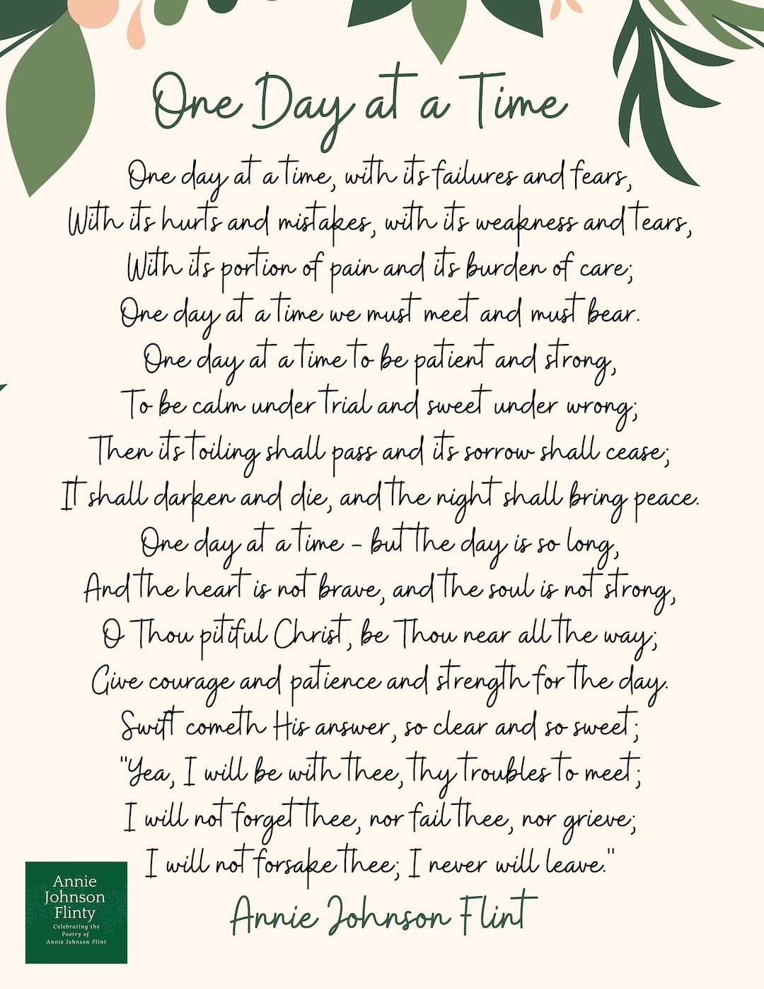 Printable Poem - ANNIE JOHNSON FLINT - One Day at a Time - Cream ...