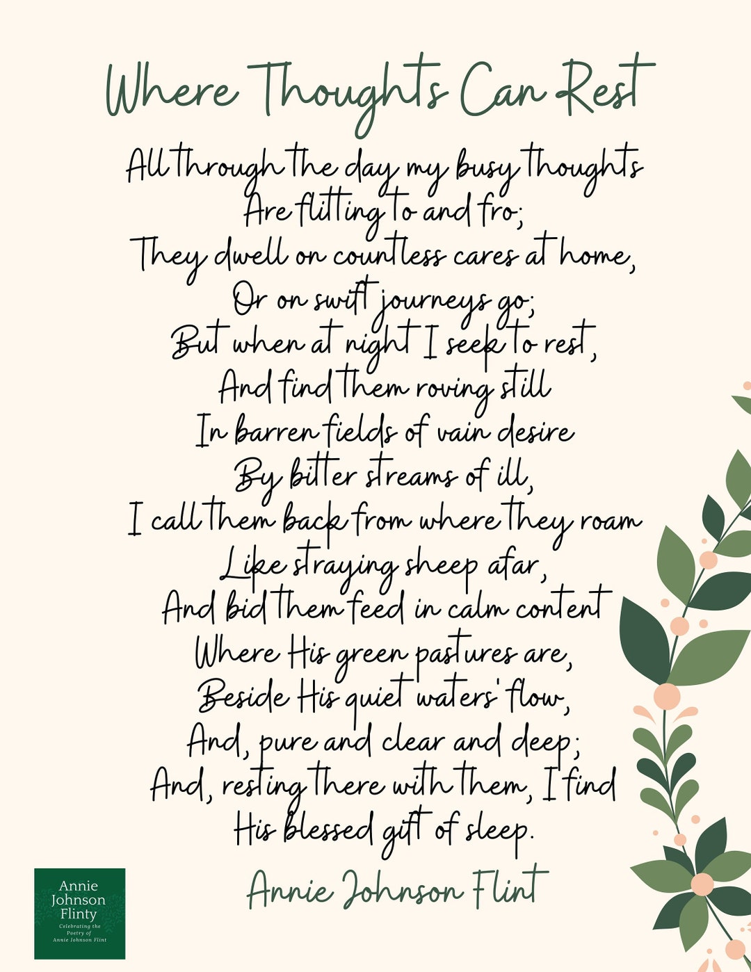 Printable Poem - ANNIE JOHNSON FLINT - Where Thoughts Can Rest - Cream ...