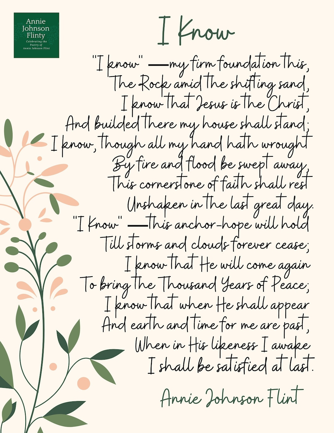 Printable Poem - ANNIE JOHNSON FLINT - I Know - Cream - Poetry Print ...
