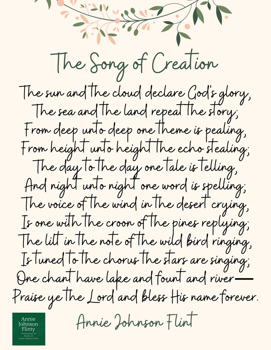 Printable Poem - ANNIE JOHNSON FLINT - the Song of Creation - Cream ...