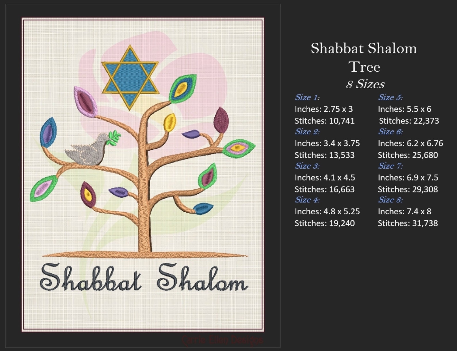 Shabbat Shalom Tree Machine Embroidery Design, Tree of Life With Dove ...