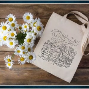 Train Scene Sketch Machine Embroidery Design, Vintage Train Embroidery ...