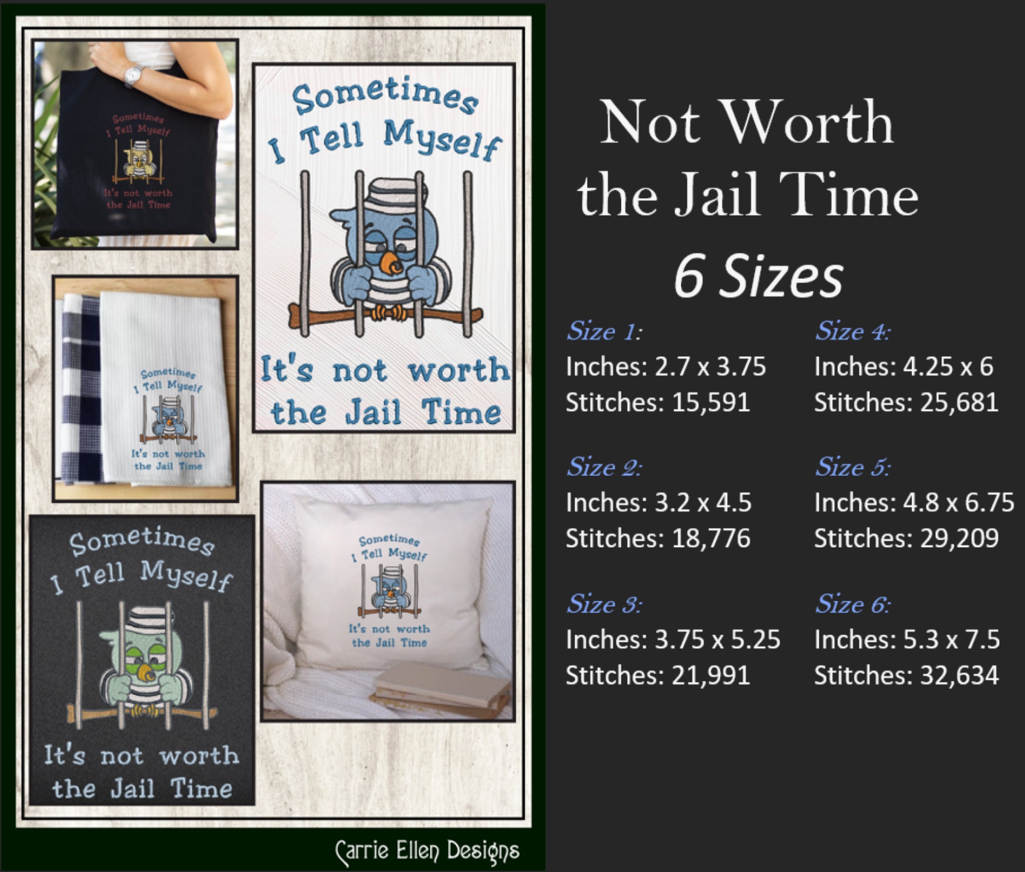 Jail Bird Machine Embroidery Design Saying, Not Worth Jail Time Funny ...