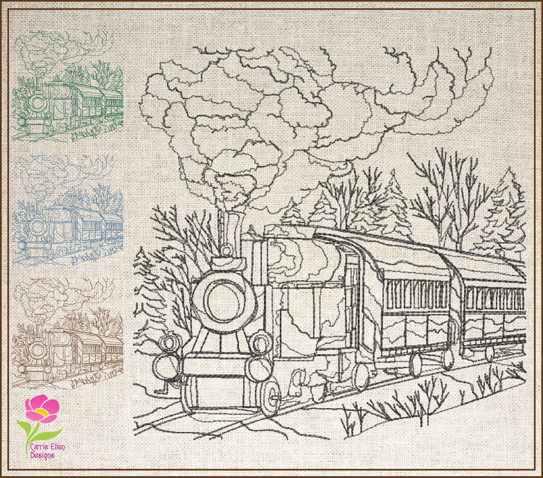 Train Scene Sketch Machine Embroidery Design, Vintage Train Embroidery ...