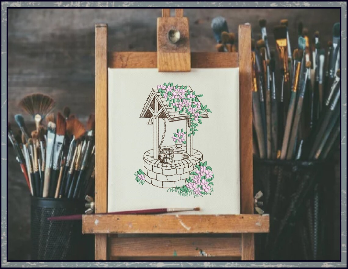 Wishing Well Machine Embroidery Design: Floral Line Art (6 Sizes ...