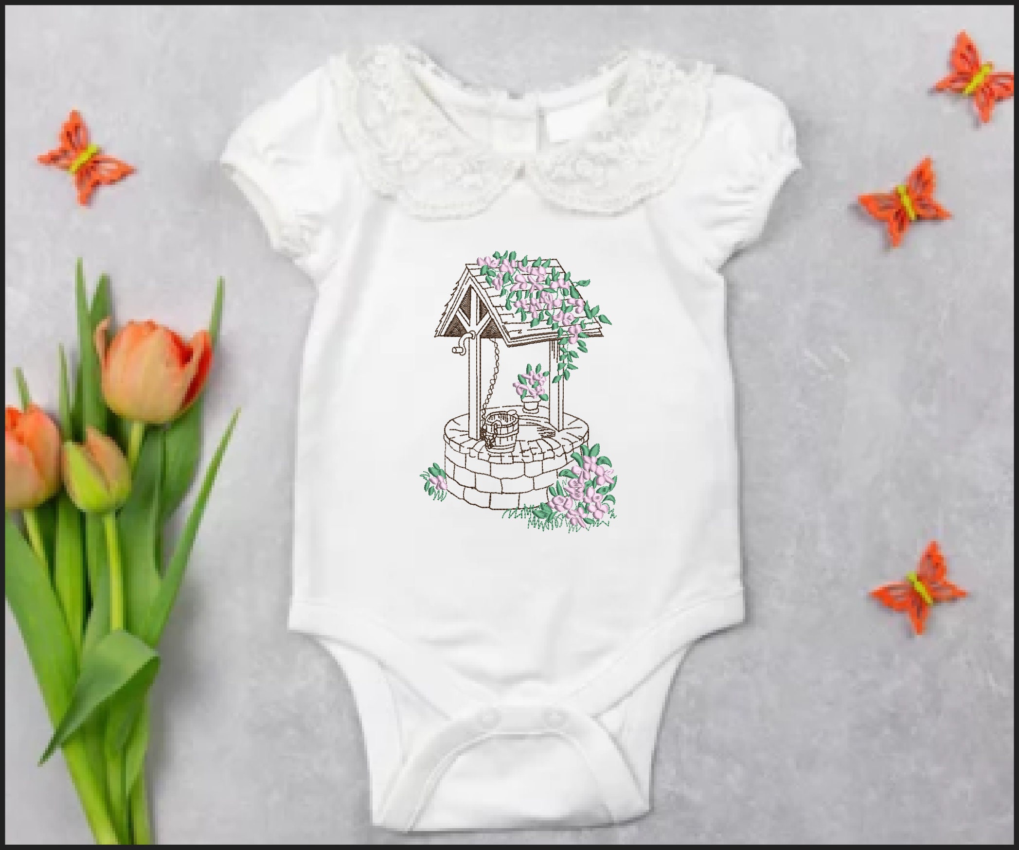 Wishing Well Machine Embroidery Design: Floral Line Art (6 Sizes ...
