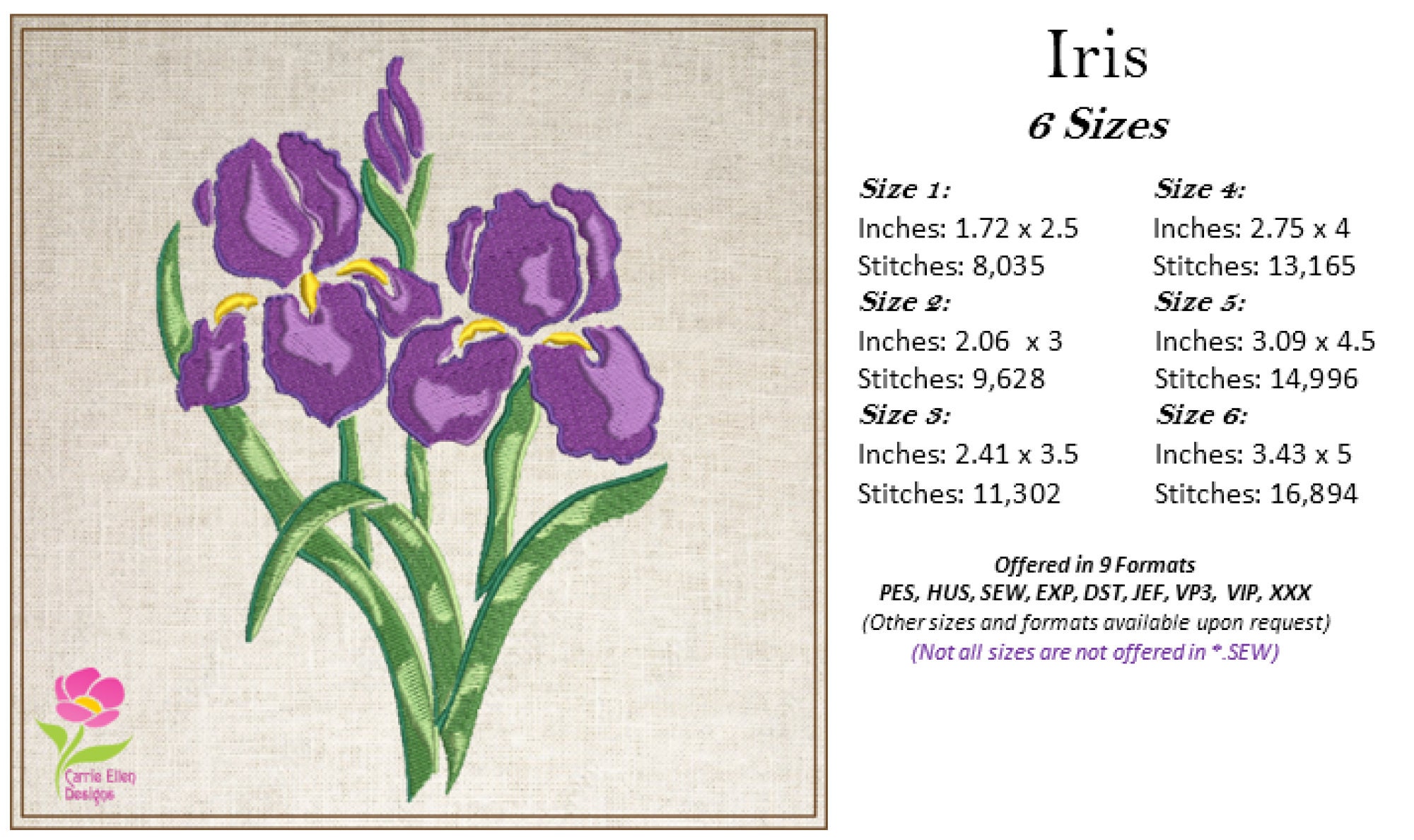 Iris Machine Embroidery Design, Iris Flower Design, Lilac and Purple ...