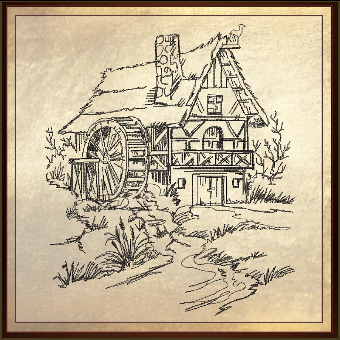 Water Wheel Mill Sketch Machine Embroidery Design, Grist Mill Artistic ...