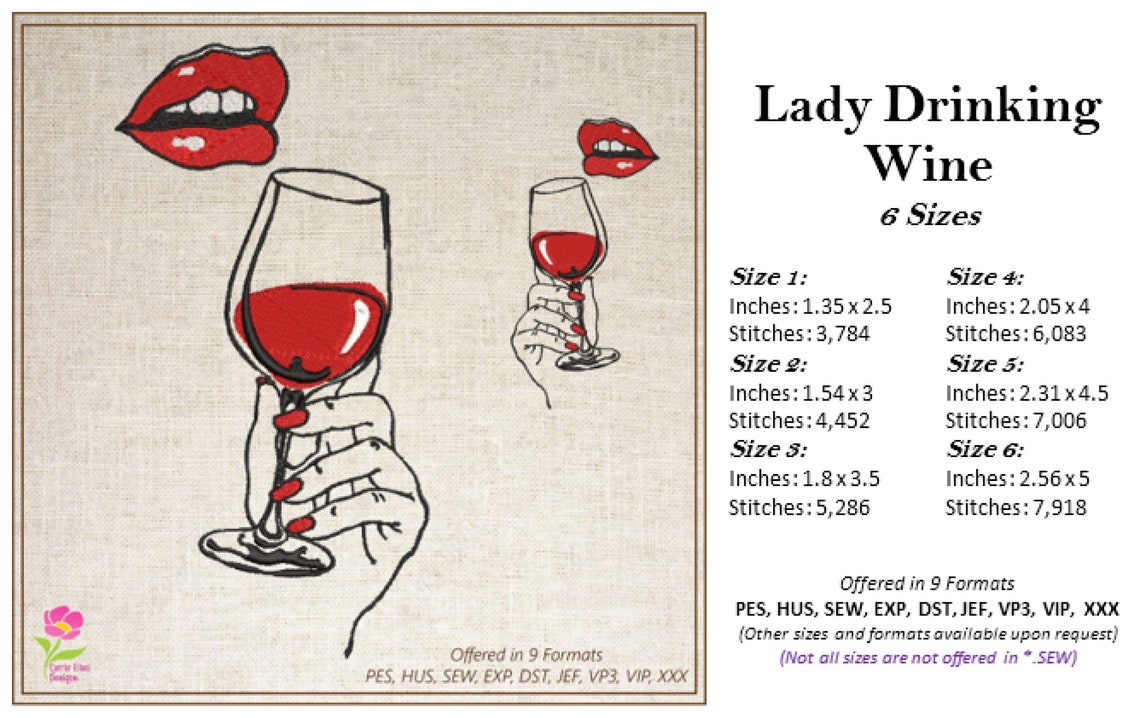 Lady Drinking Wine Machine Embroidery Design Wine Glass - Etsy