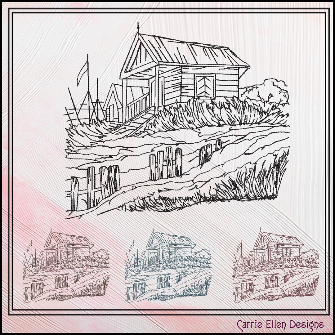 Beach Shack Sketch Machine Embroidery Design, Seaside Sand Dunes ...
