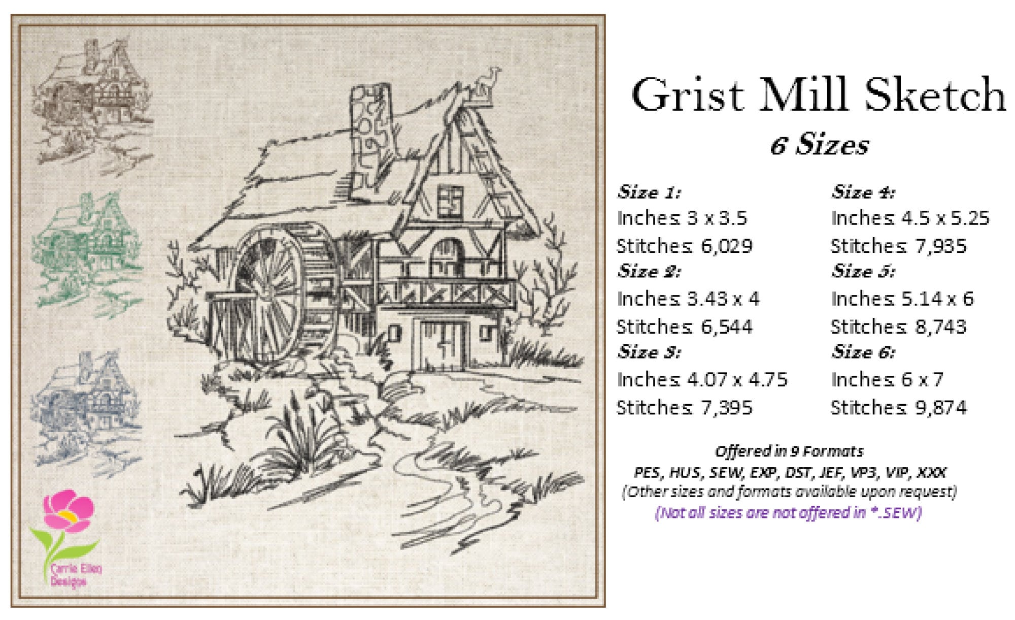 Water Wheel Mill Sketch Machine Embroidery Design, Grist Mill Artistic ...