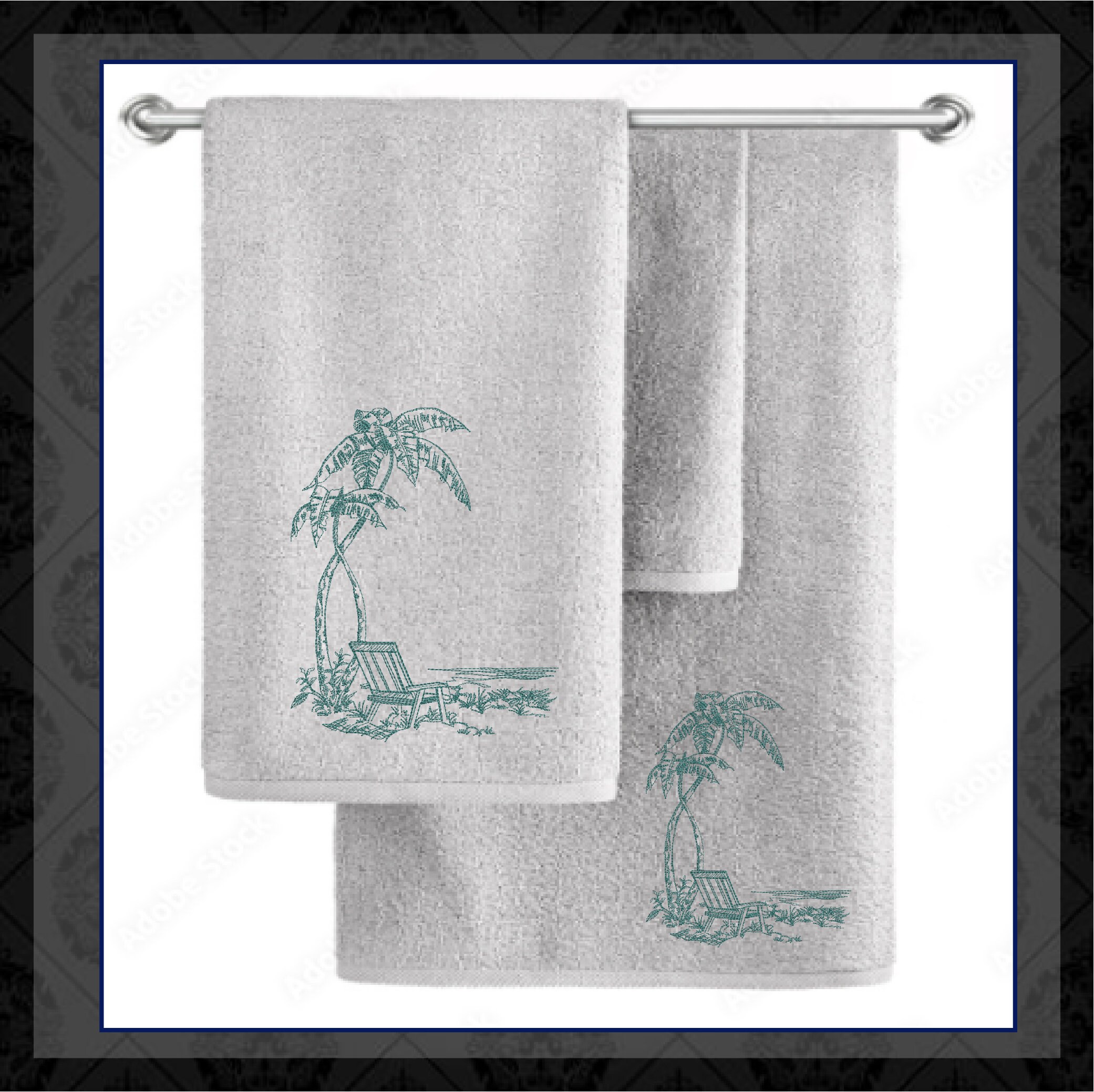 Tropical Beach Scene Machine Embroidery Sketch Design, Summer ...
