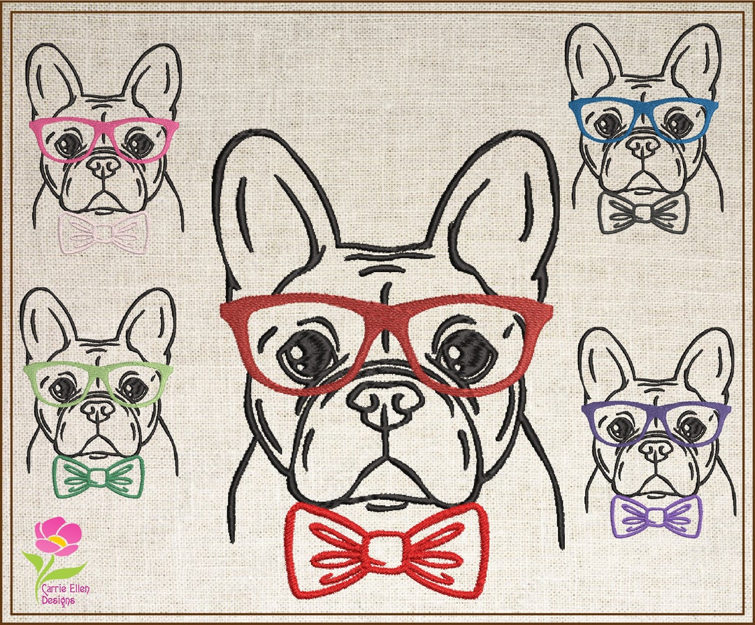 French Bulldog Machine Embroidery Design, Frenchie Dog Wearing Glasses ...
