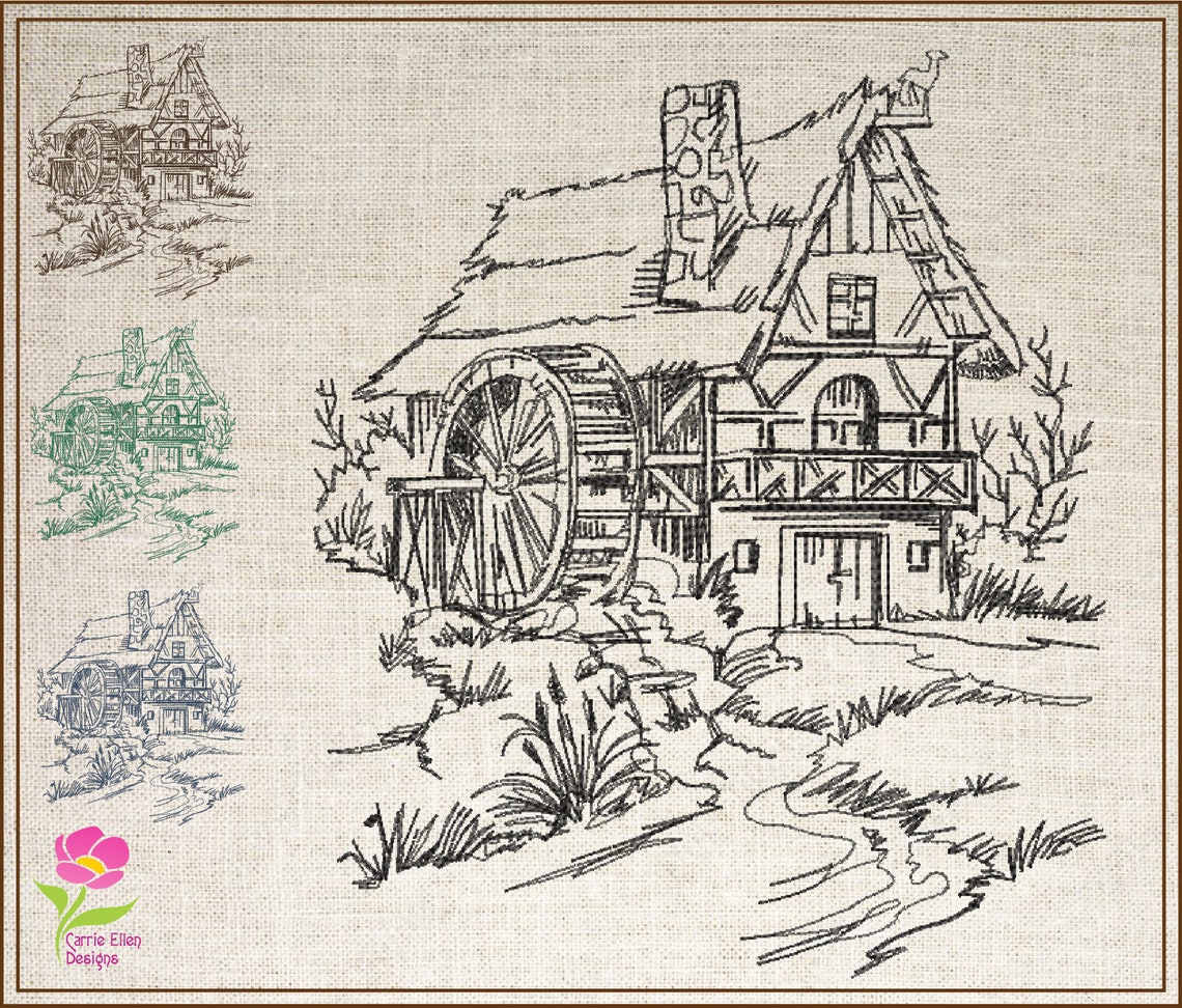 Water Wheel Mill Sketch Machine Embroidery Design, Grist Mill Artistic ...