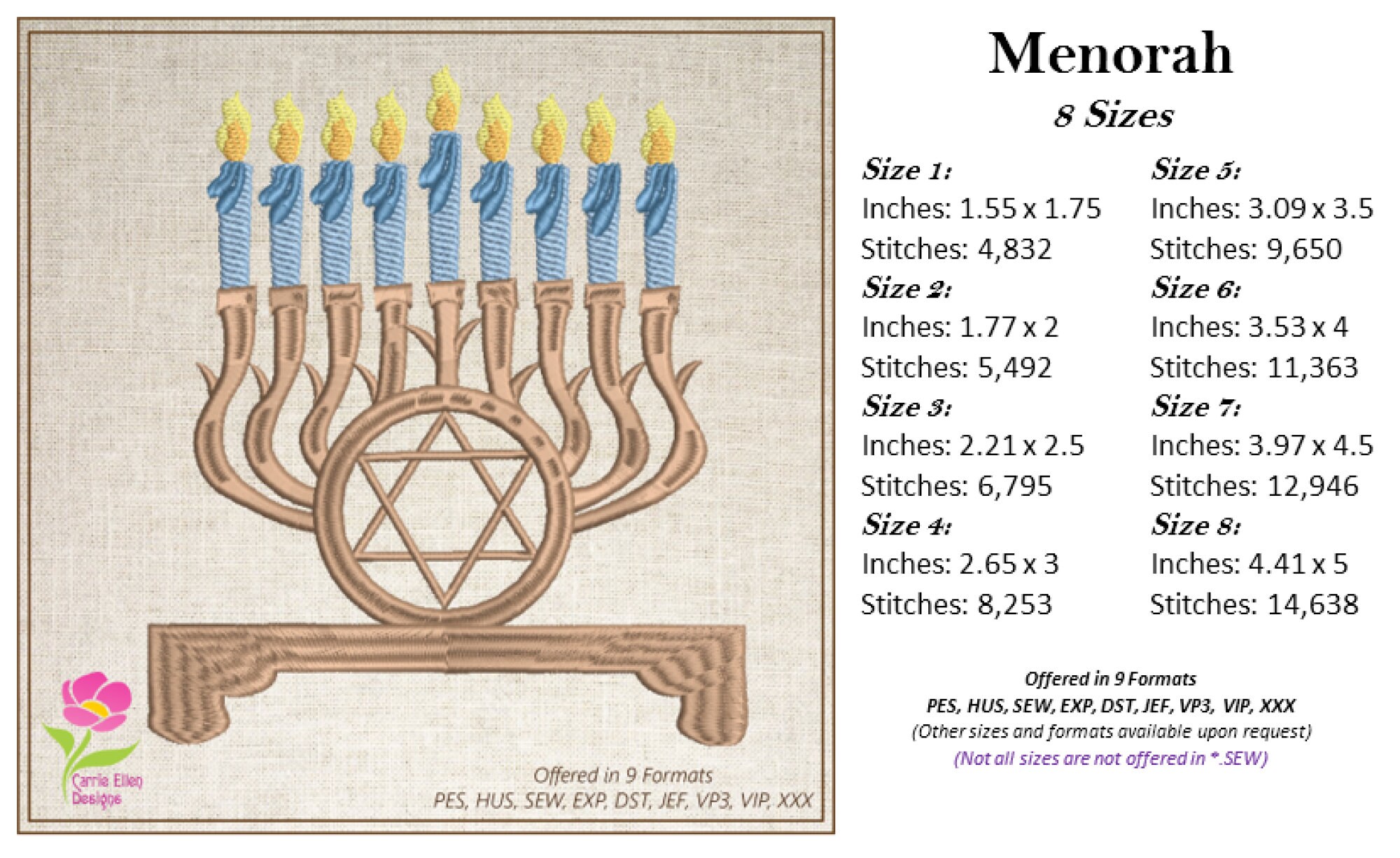 Chanukah Menorah Machine Embroidery Design, Menorah Candles Design ...
