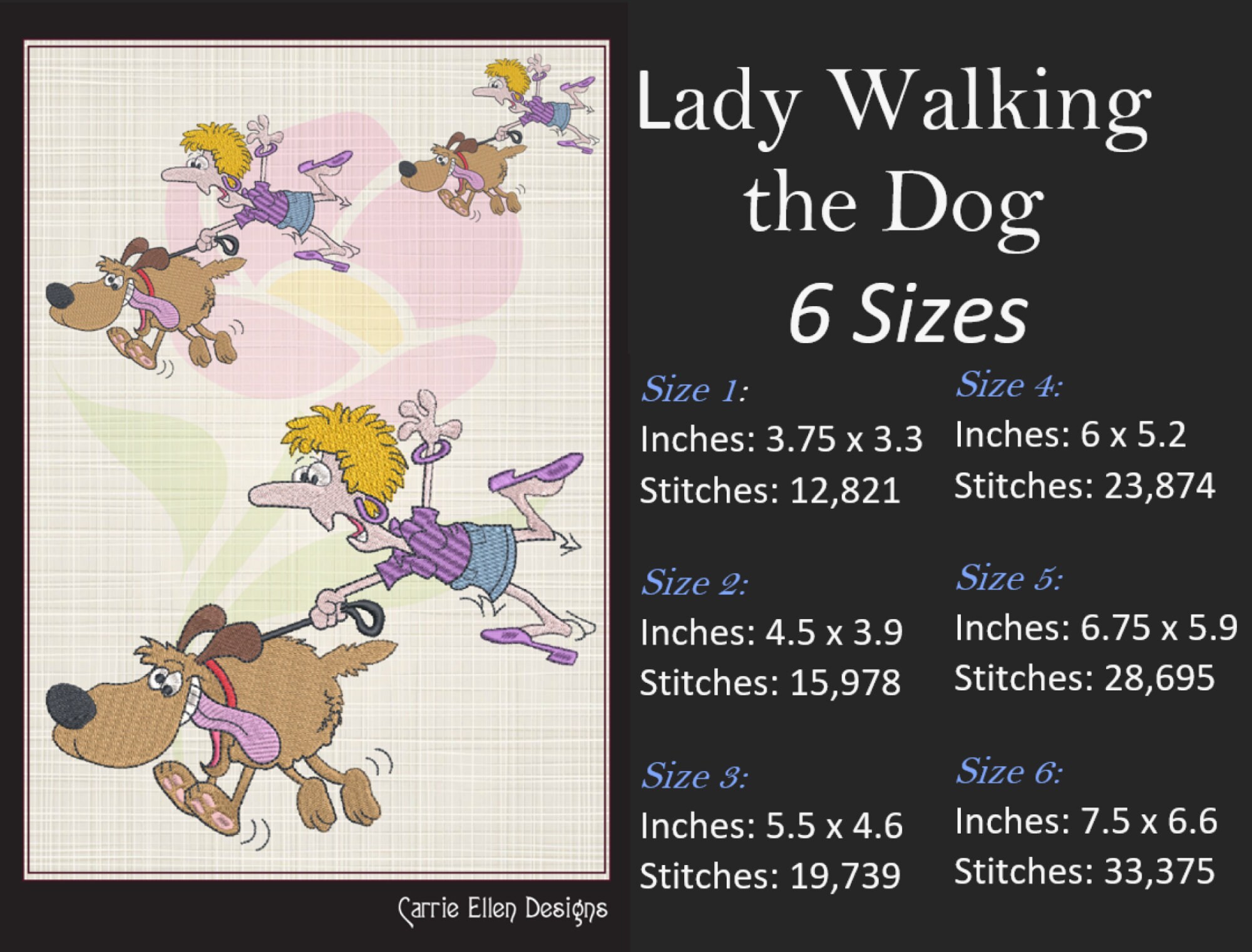 Lady Being Pulled by Her Dog Machine Embroidery Design, Lady Walking ...