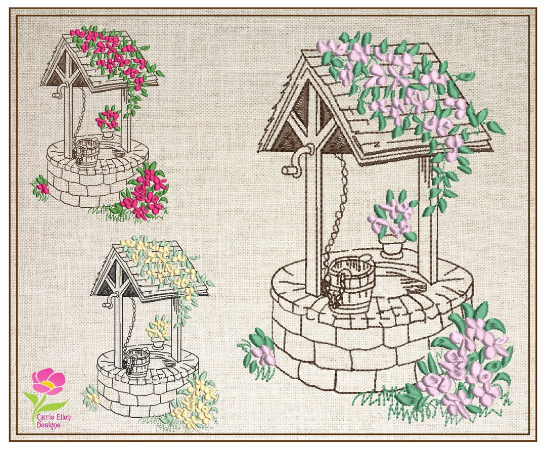 Wishing Well Machine Embroidery Design: Floral Line Art (6 Sizes ...