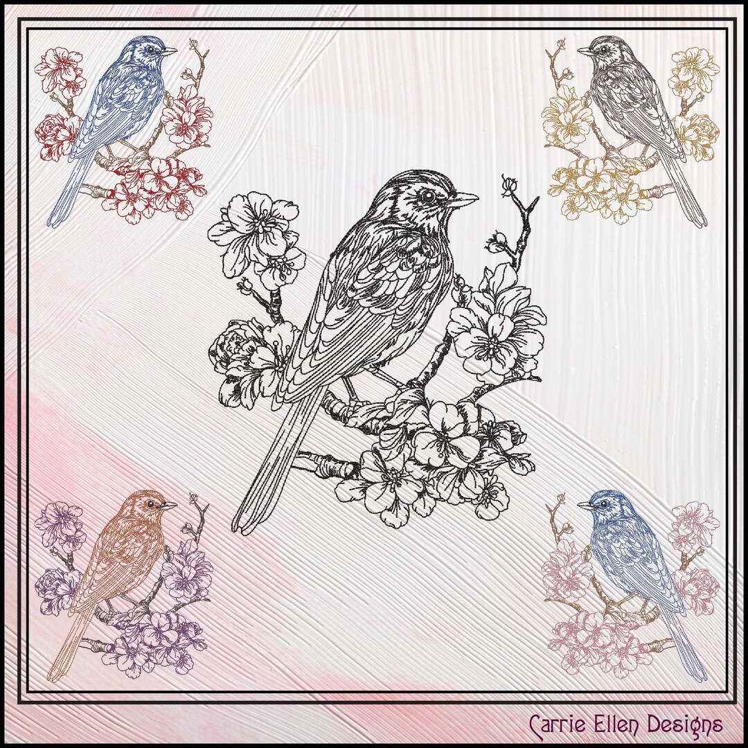 Bird Sketch Machine Embroidery Design, Bluebird in Blossom Tree ...