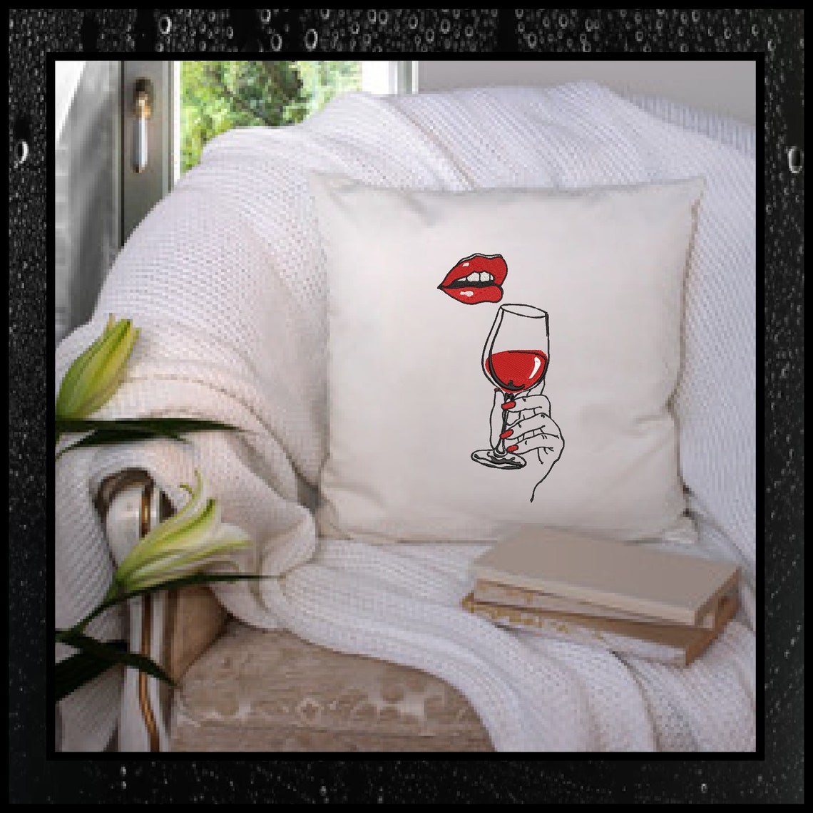 Lady Drinking Wine Machine Embroidery Design Wine Glass - Etsy