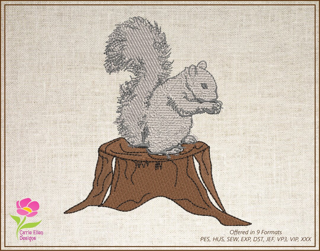 Squirrel Machine Embroidery Design, Squirrel on Tree Stump Design ...