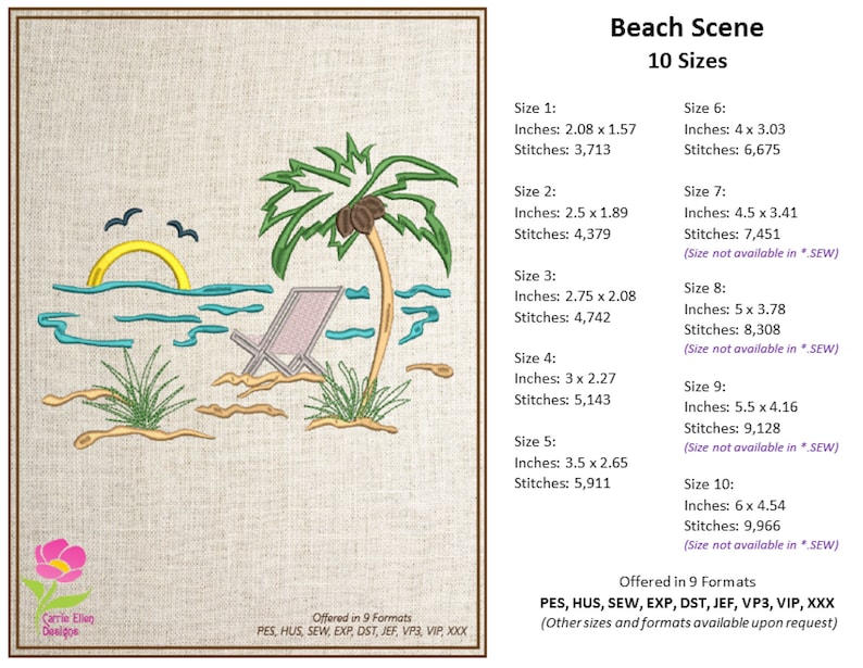 Beach Scene Machine Embroidery Design, Summer Embroidery Design, Beach ...