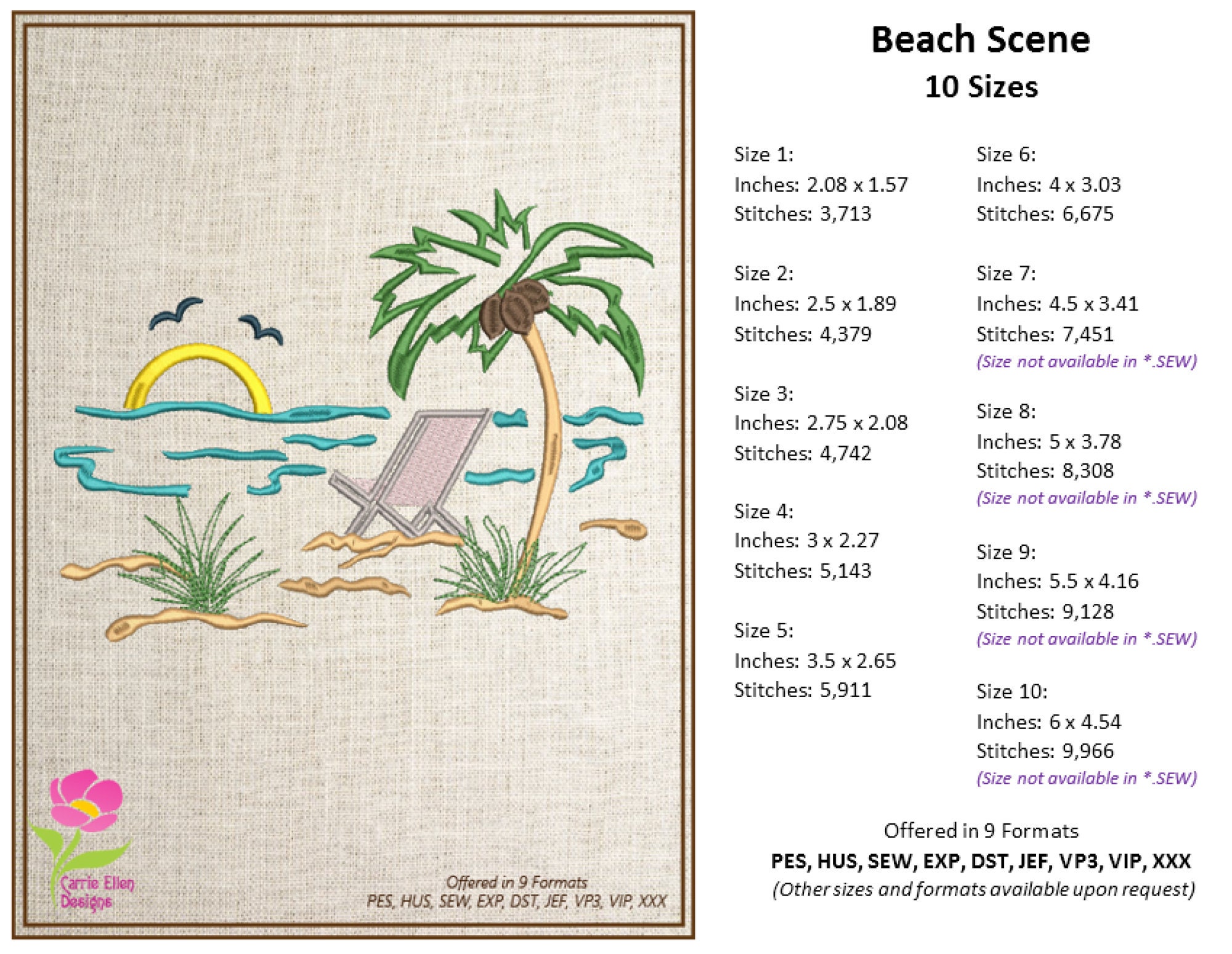 Beach Scene Machine Embroidery Design, Summer Embroidery Design, Beach ...