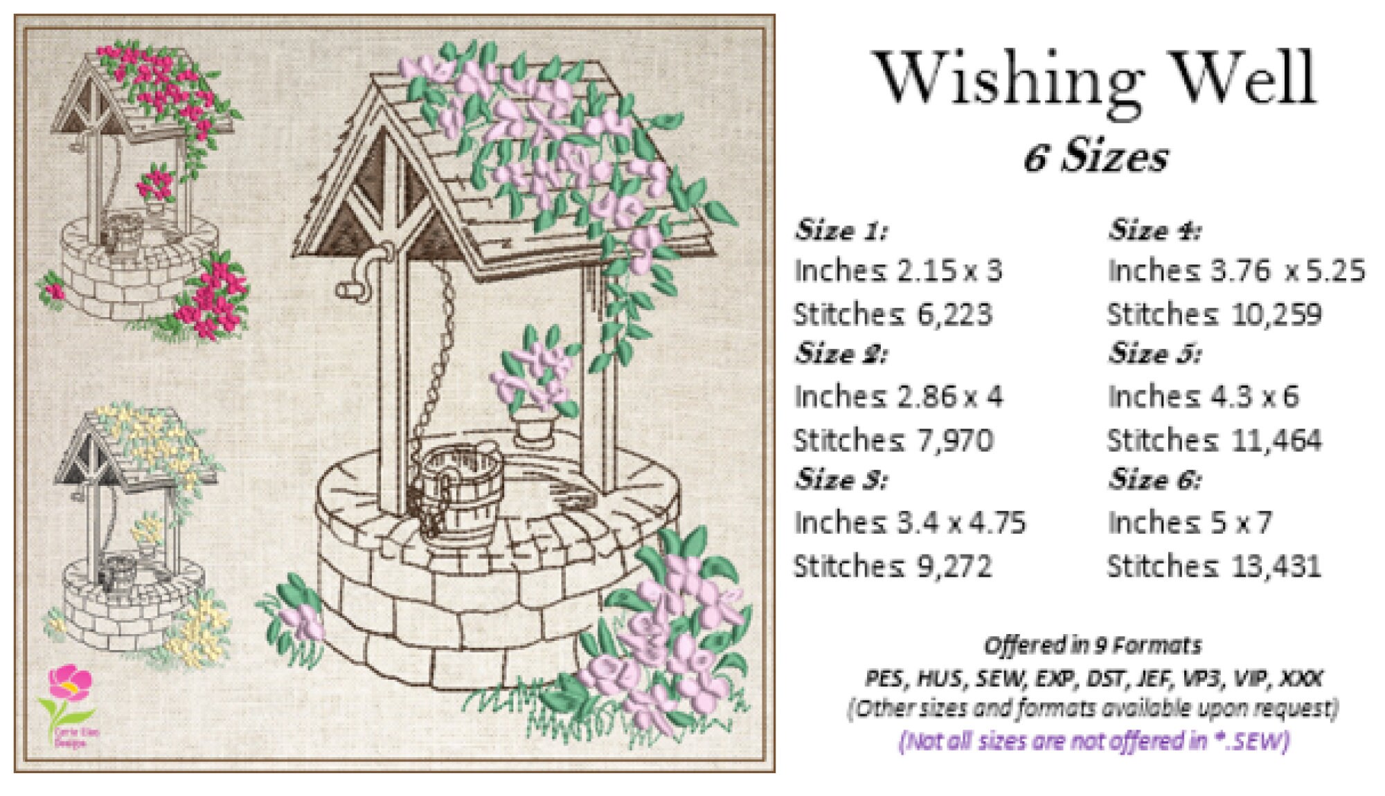 Wishing Well Machine Embroidery Design: Floral Line Art (6 Sizes ...