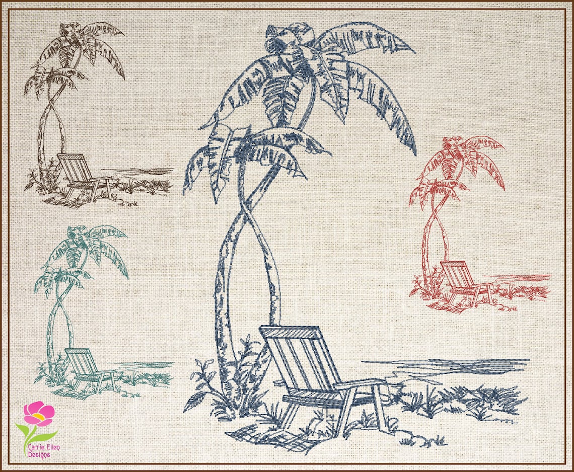 Tropical Beach Scene Machine Embroidery Sketch Design, Summer ...
