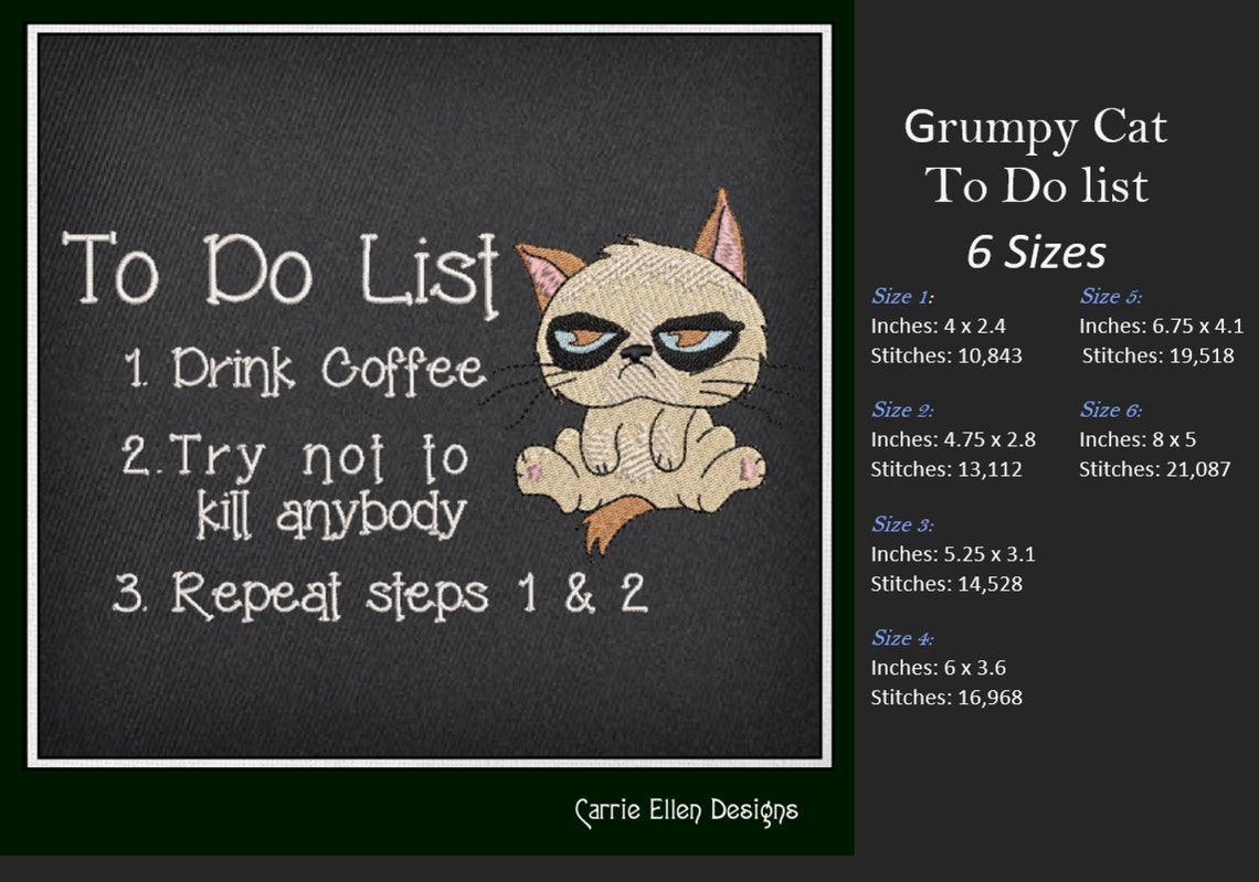 Grumpy Cat Embroidery Design, Sarcastic to Do List Machine Embroidery ...