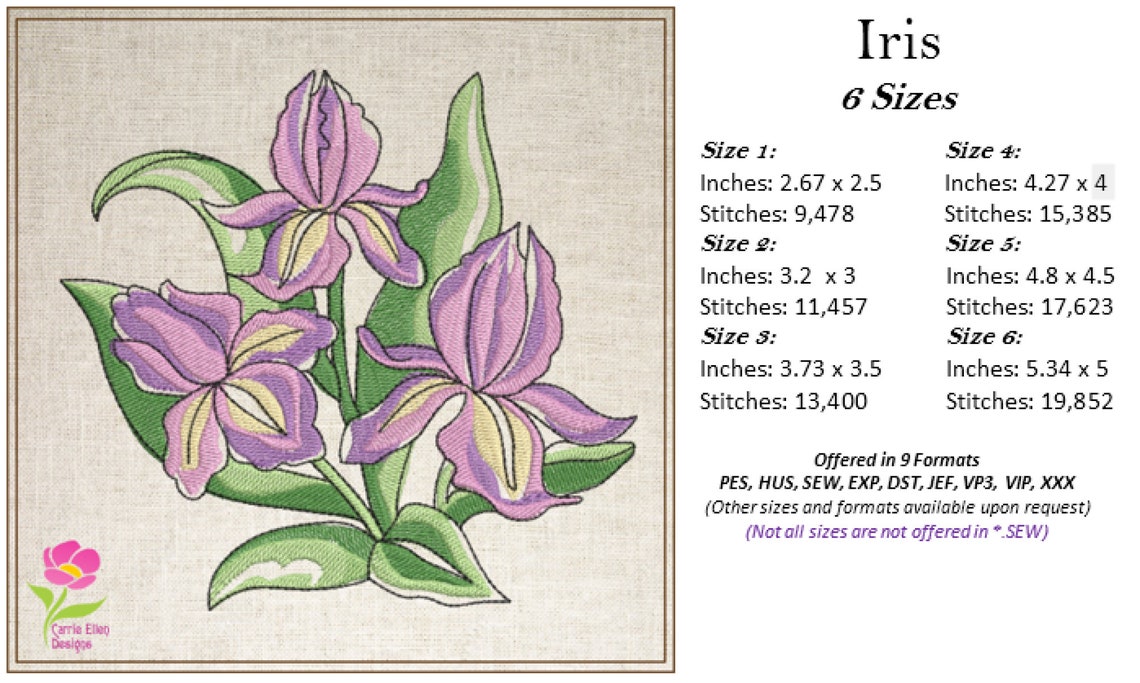 Iris Machine Embroidery Design Iris Flower Design Lilac and | Etsy
