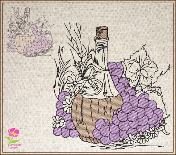 Classic Wine Bottle Machine Embroidery Design Wine Grapes | Etsy