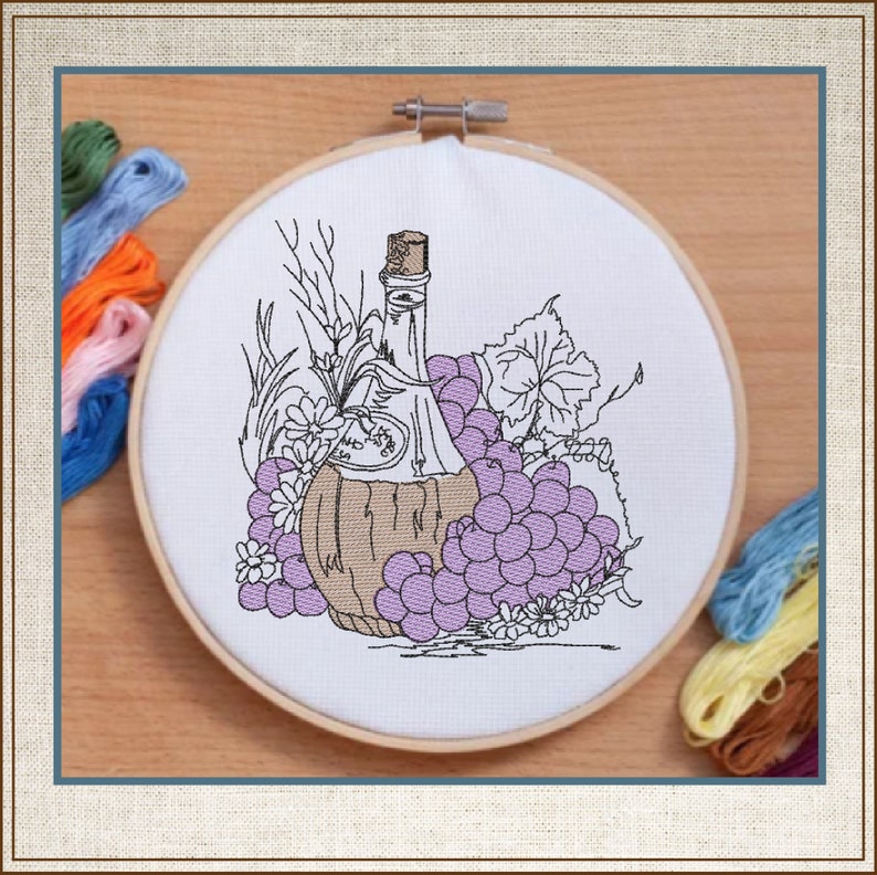 Classic Wine Bottle Machine Embroidery Design, Wine Grapes Design ...