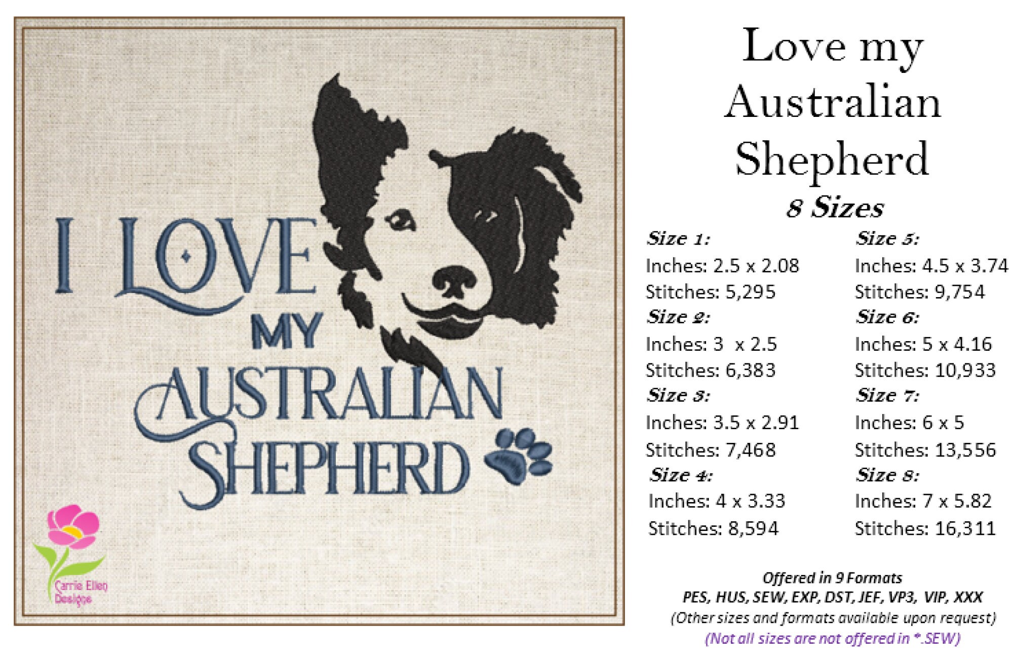 Australian Shepherd Machine Embroidery Design I Love My | Etsy