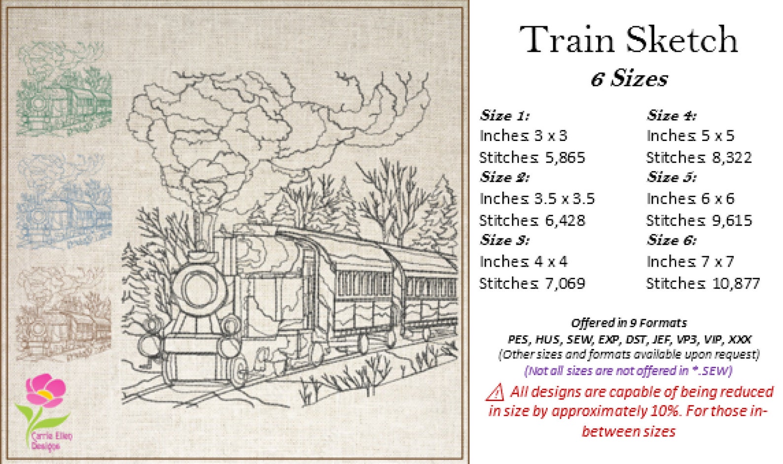Train Scene Sketch Machine Embroidery Design, Vintage Train Embroidery ...